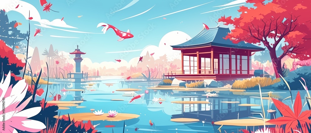 Cute cartoon landscape of a serene Japanese garden, pagodas and koi ...