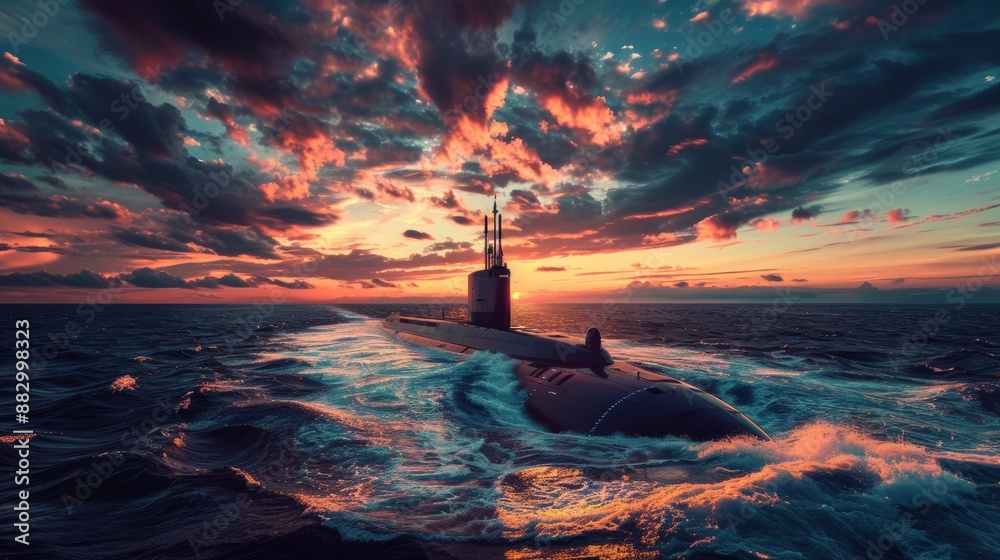 Naval submarine emerges during sunset military vessel in open ...