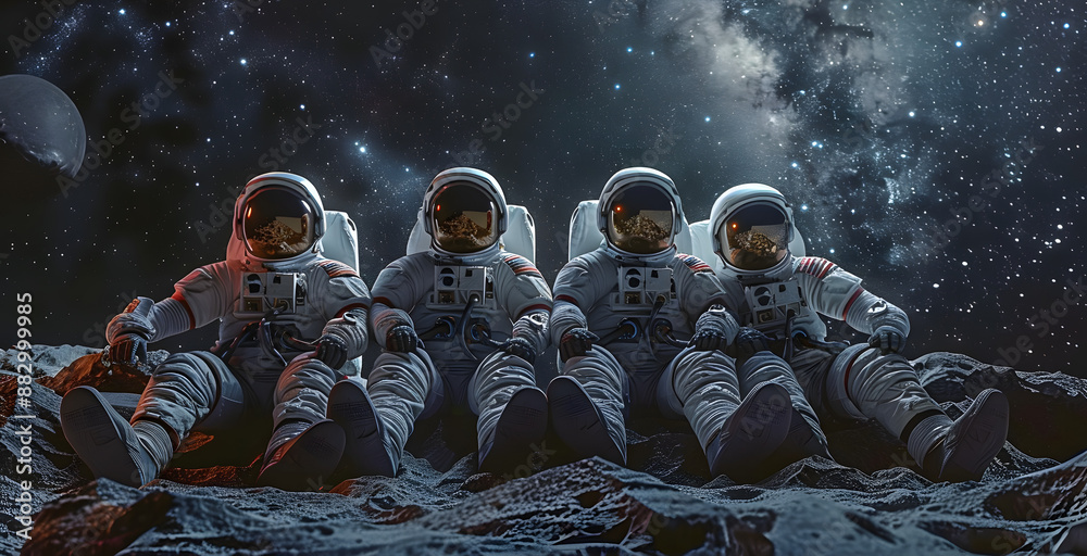 Four astronauts in spacesuits resting on a moon-like terrain with a ...