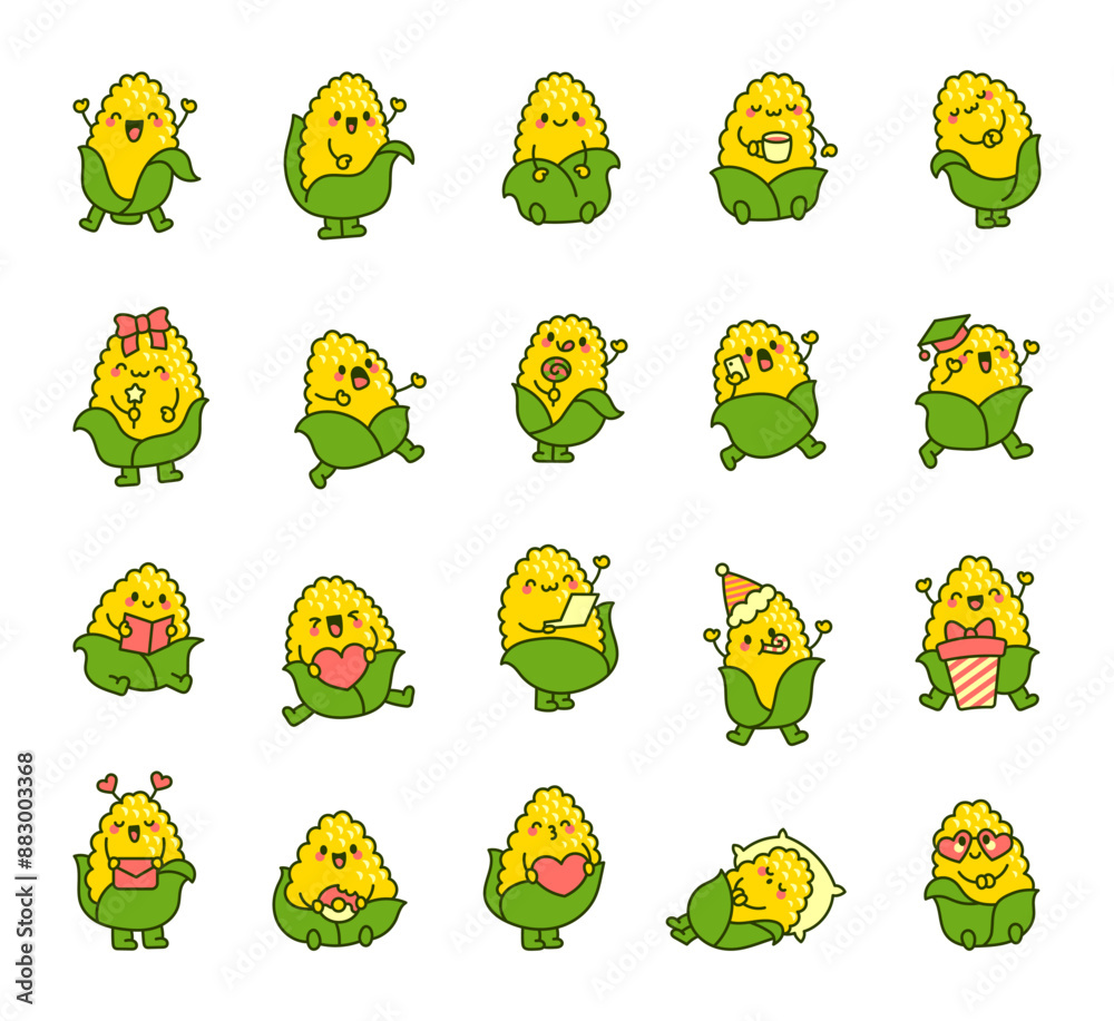 Cute corn character with a cheerful face. Cartoon kawaii vegetable ...