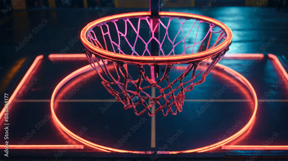 A neon basketball court with a glowing hoop, creating a futuristic ...