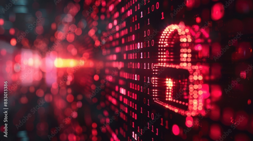 Digital lock symbol glowing in red on a binary code matrix background, representing ...