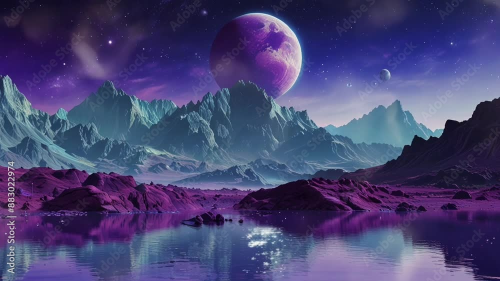 amazing beauty of alien planets, mountains and lakes, space background ...