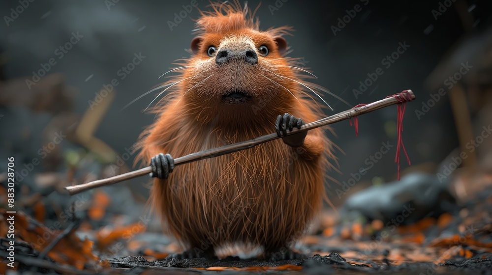 Cartoon style capybara with grey eyes holding a stick in a detailed ...