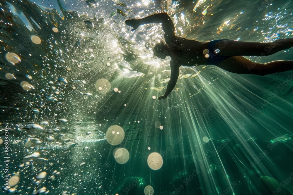 Underwater view of a swimmer diving into a pool with bubbles and light ...