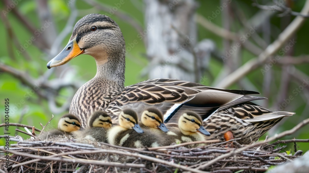 A close-up of a mother duck with ducklings in a natural setting. The ...
