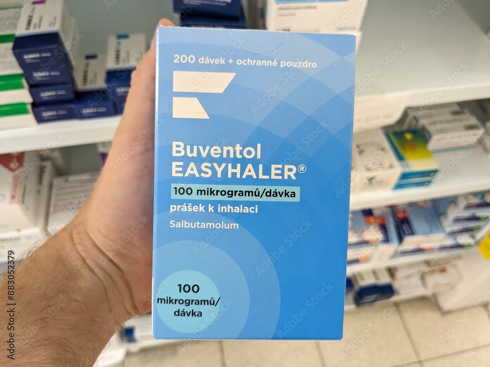 Prague, Czech Republic - July 10 2024: BUVENTOL EASYHALER box of ...