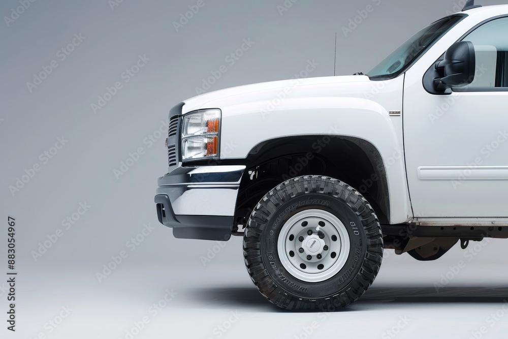 A white pickup truck is photographed from the front, angled slightly ...