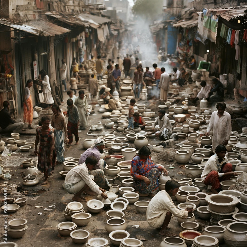 AI generator image of pottery workers working in a crowded environment ...
