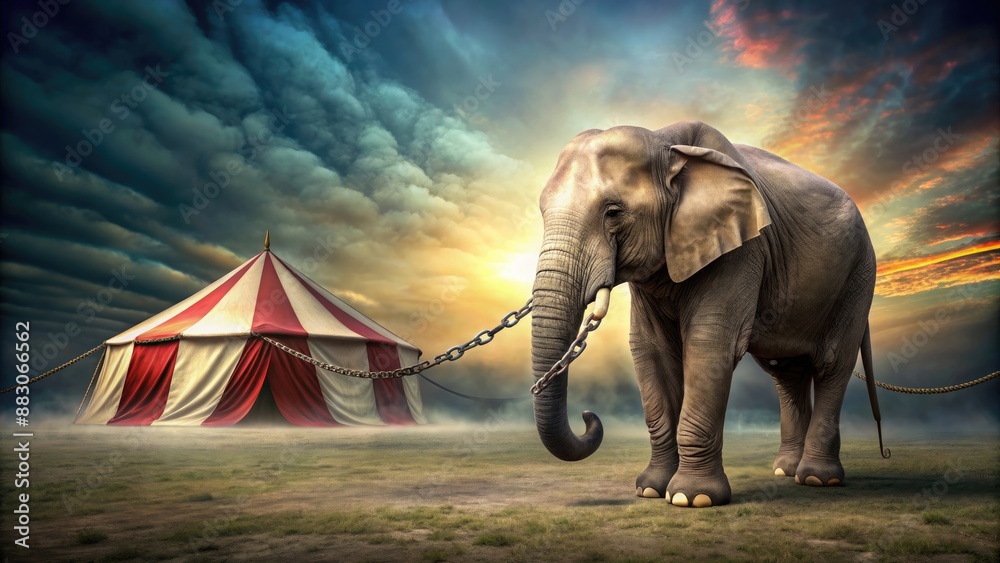 Sad elephant chained outside circus tent, advocating against using ...