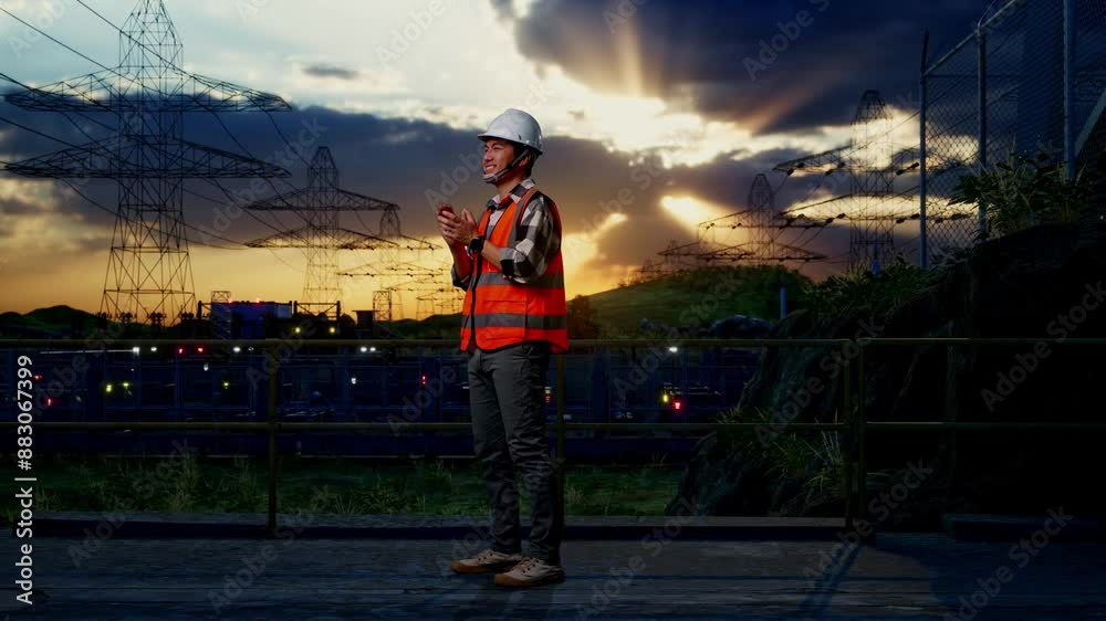 Full Body Side View Of Asian Male Engineer With Safety Helmet Smiling ...