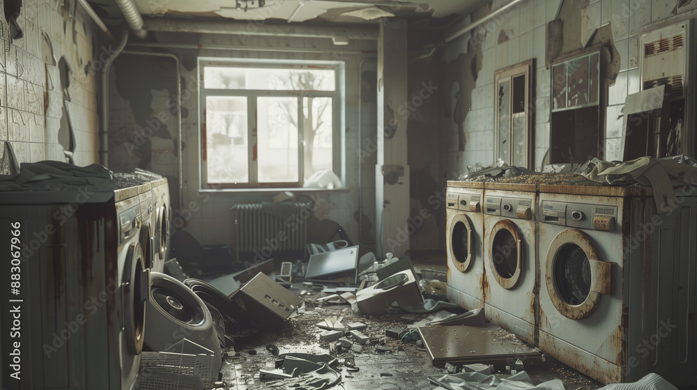 Dirty, cluttered room with piles of garbage and broken washing machines ...