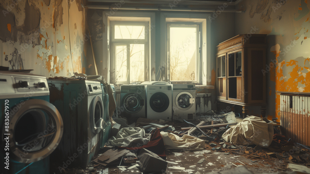 Dirty, cluttered room with piles of garbage and broken washing machines ...