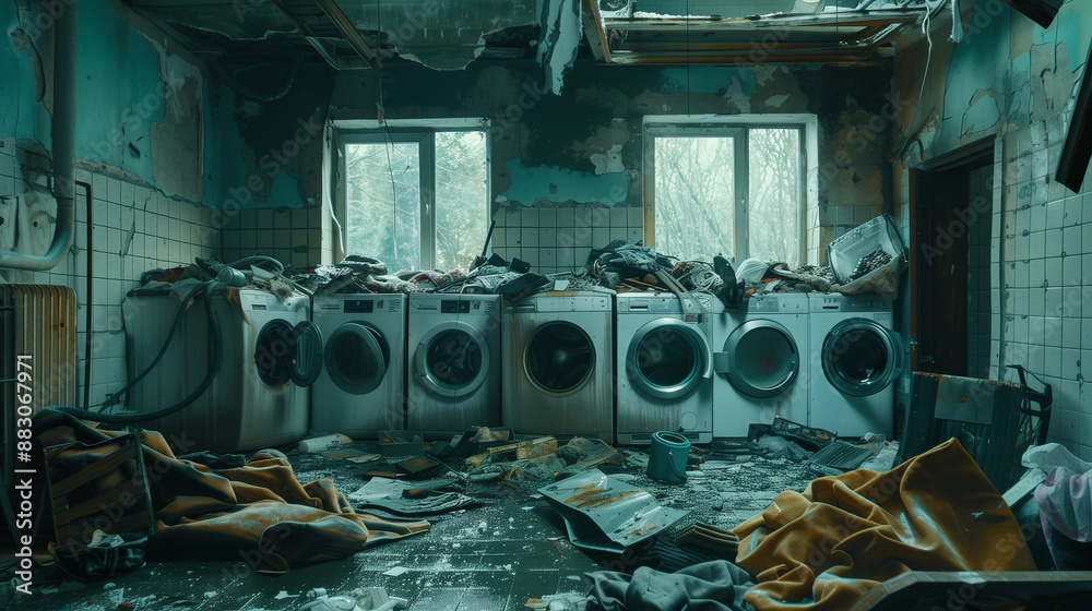 Dirty, cluttered room with piles of garbage and broken washing machines ...