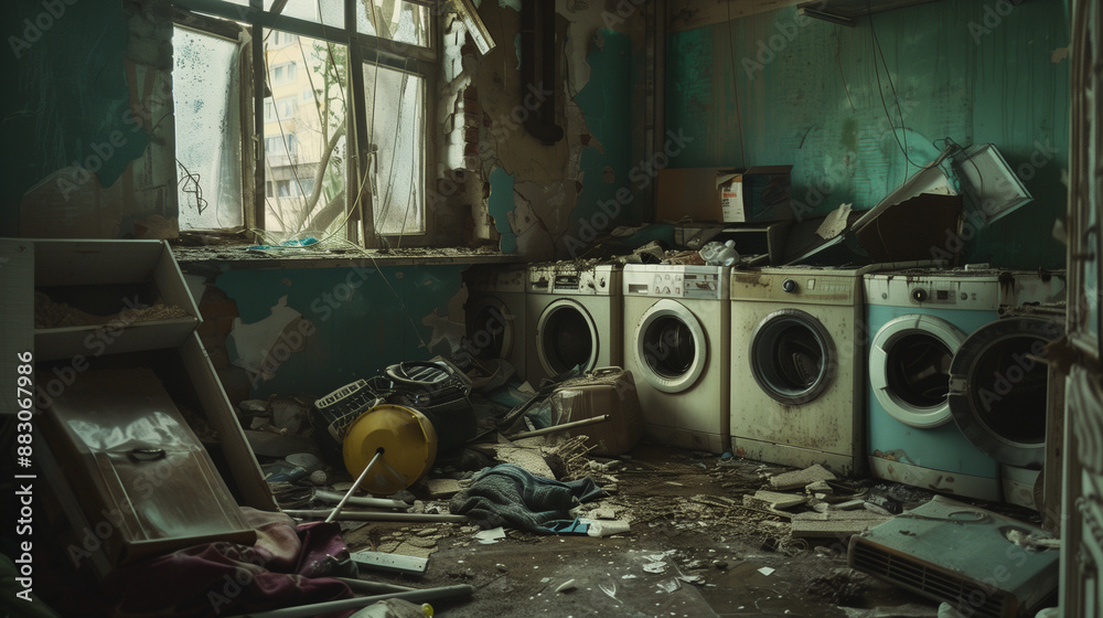 Foto de Dirty, cluttered room with piles of garbage and broken washing ...