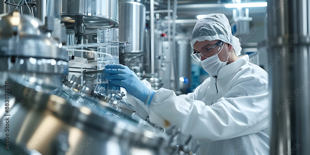 Lab technician monitors bioreactor vessels in pharmaceutical production ...