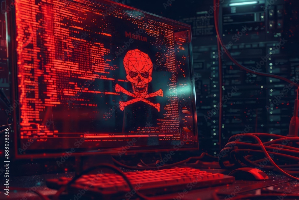 Computer monitor displaying a skull and crossbones symbol surrounded by ...