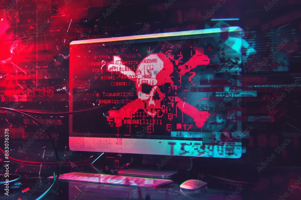 Computer monitor displaying a skull and crossbones symbol surrounded by ...