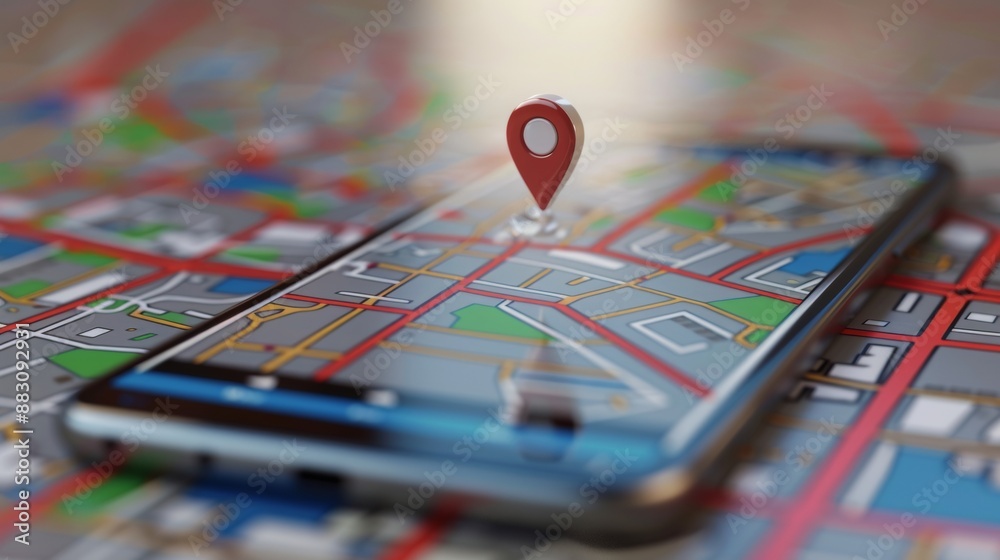 GPS with 3D map for navigating. Map app on smartphone. It shows ...