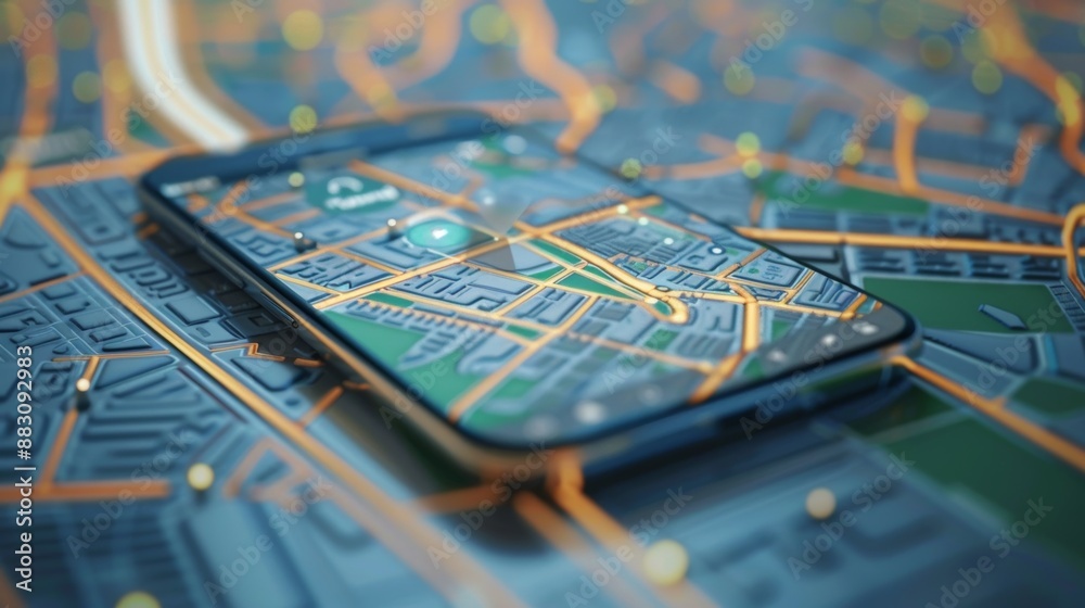 GPS with 3D map for navigating. Map app on smartphone. It shows ...