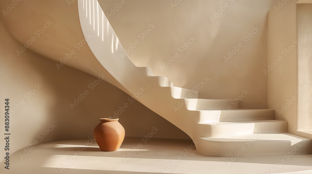 Soft plaster wall with terracotta vase on the floor, minimal interior ...