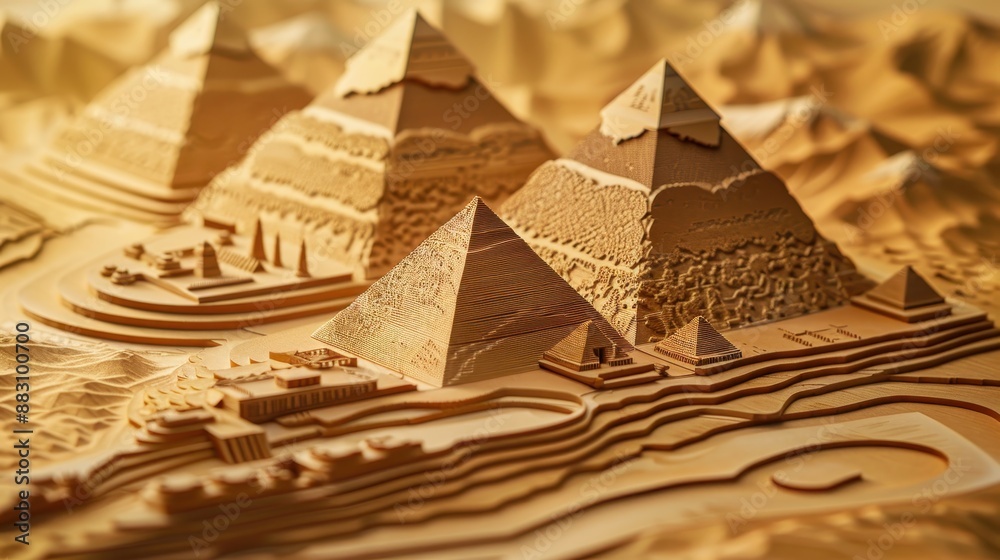 Wooden relief sculpture depicting the Giza pyramid complex, featuring ...