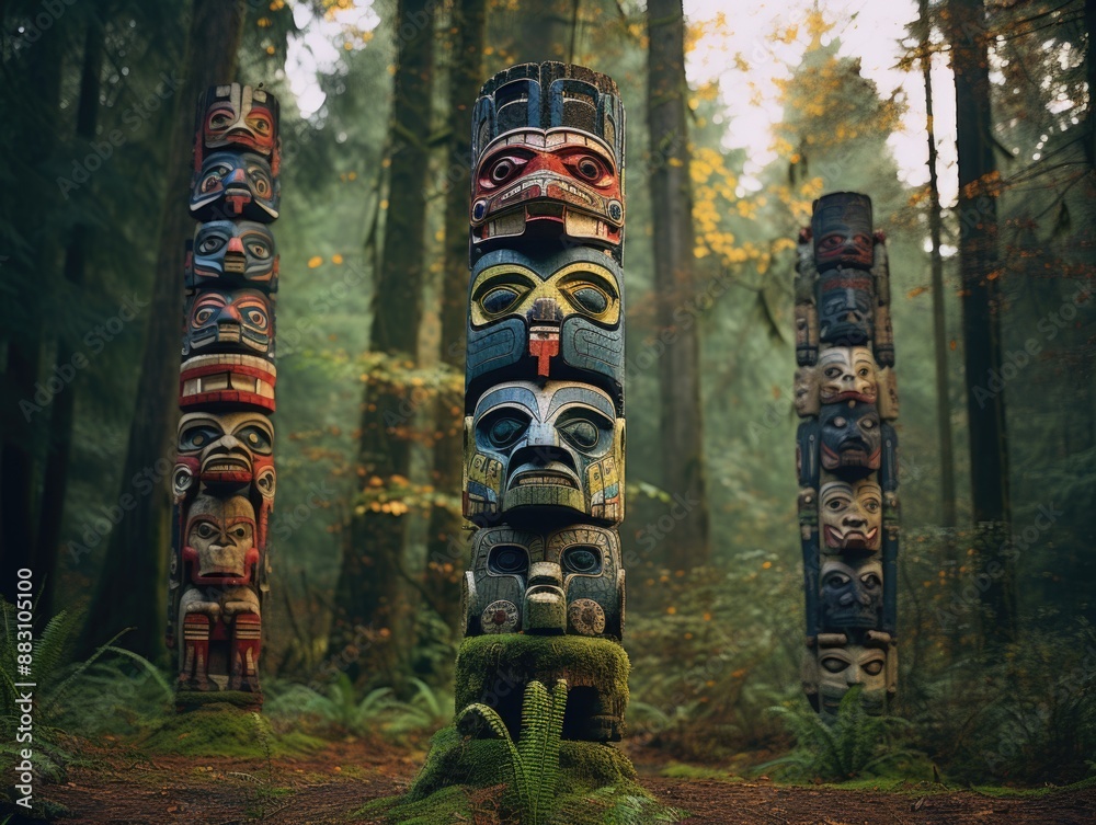 Enigmatic Native American Totem Poles Standing Tall in Secluded Forest ...