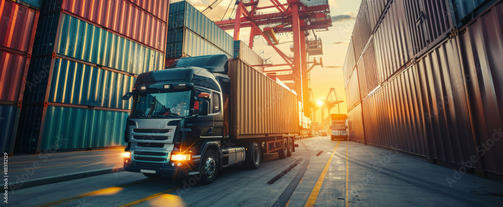 Container truck in ship port for business Logistics and transportation ...