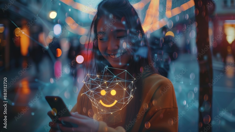 woman touching smartphone screen using smiley face emoticon with IoT ...