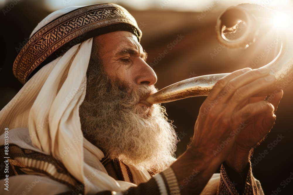 Shofar ceremony: rosh hashanah, blowing the shofar , man in a tallith ...