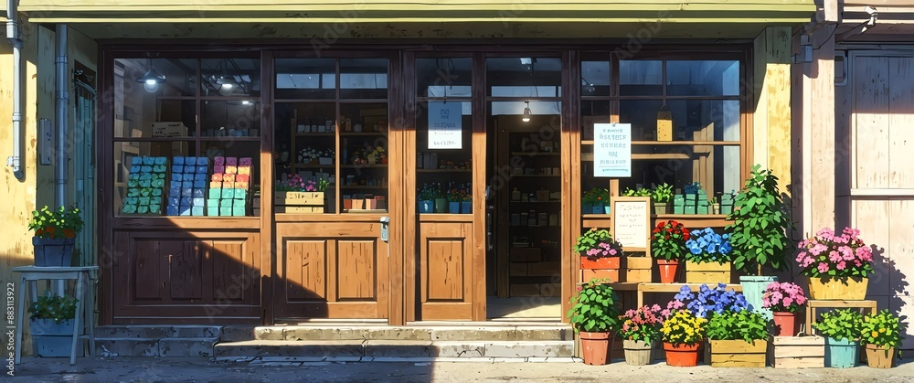 front entrance of flower store anime cartoon illustration art design ...
