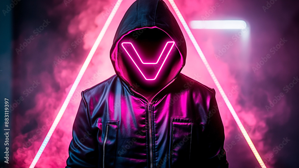 Cyberpunk style anonymous hooded person in futuristic neon triangle ...
