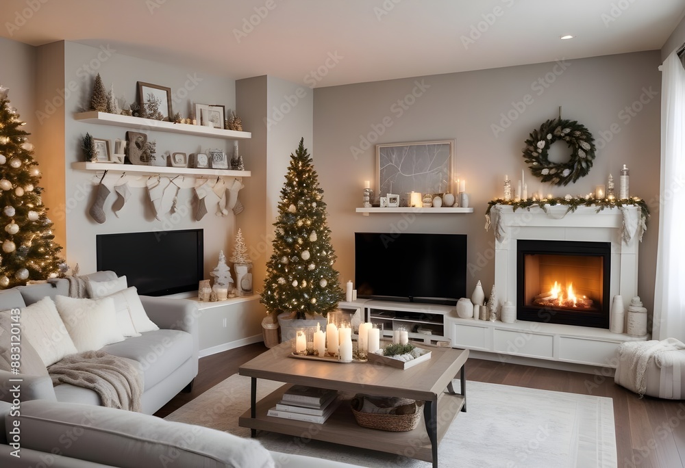 Blank black plasma TV screen in minimalist interior with Christmas tree ...