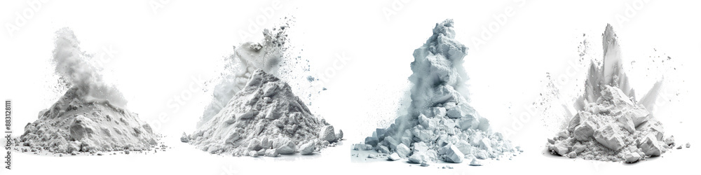 Four piles of white powder exploding in sequence on a transparent ...