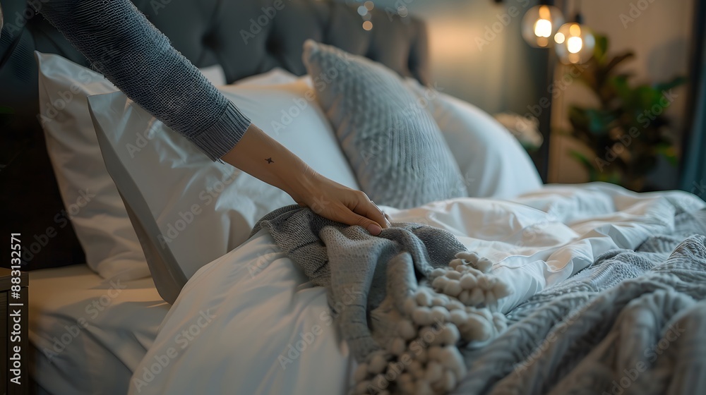Making a Bed: Hands tucking in sheets and arranging pillows, with a ...