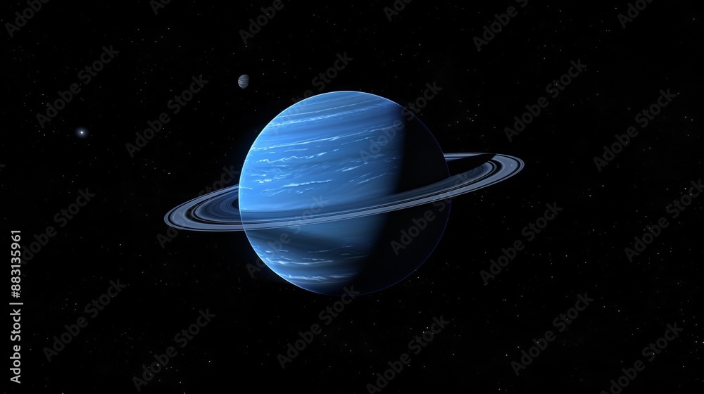 Beautiful rendering of a Neptune-like blue planet with thin rings and ...