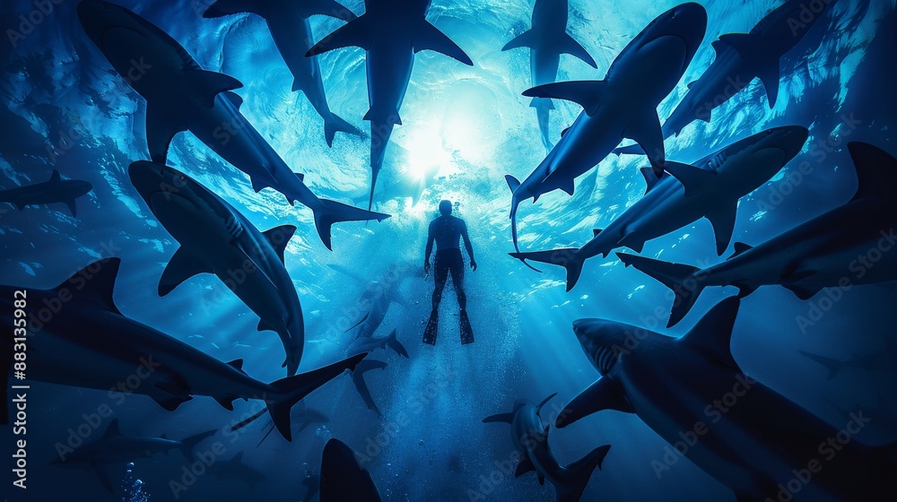 A Diver's Perspective A Circle of Sharks Surrounds a Solitary Figure in ...