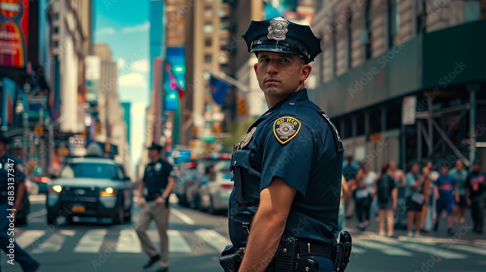 A vigilant police officer looking back amidst the bustling city ...