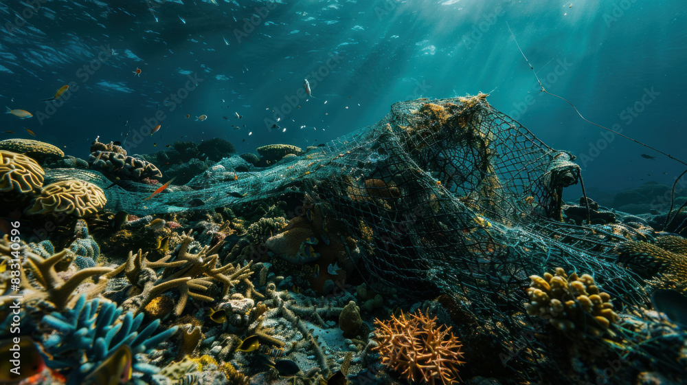 A broken fishing net lay on a damaged coral reef in Myanmar, creating a ...
