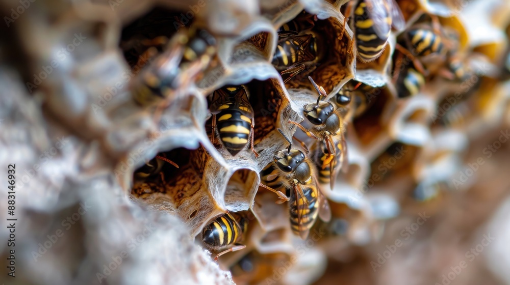 A detailed close-up of an active wasp nest housing several wasps ...