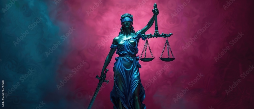 Dramatic image of Lady Justice statue against a vibrant blue and red ...