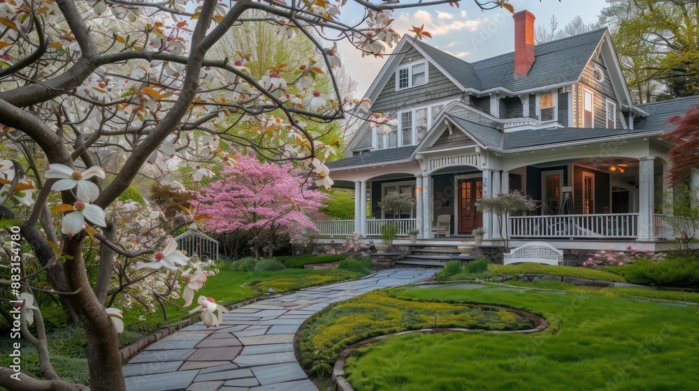 Suburban Colonial home at the peak of spring, with dogwood trees in ...