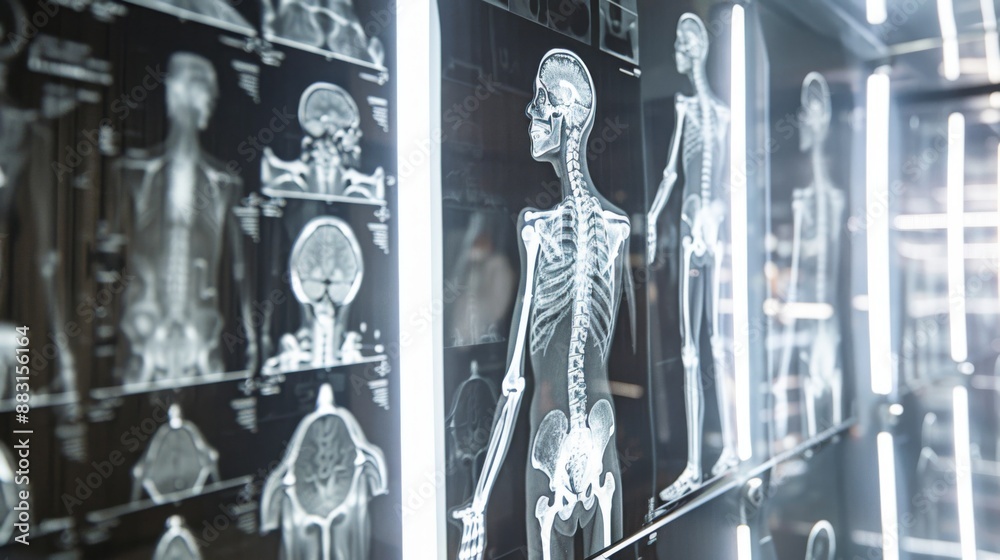 A series of X-ray films pinned to a lightbox, showing different parts ...
