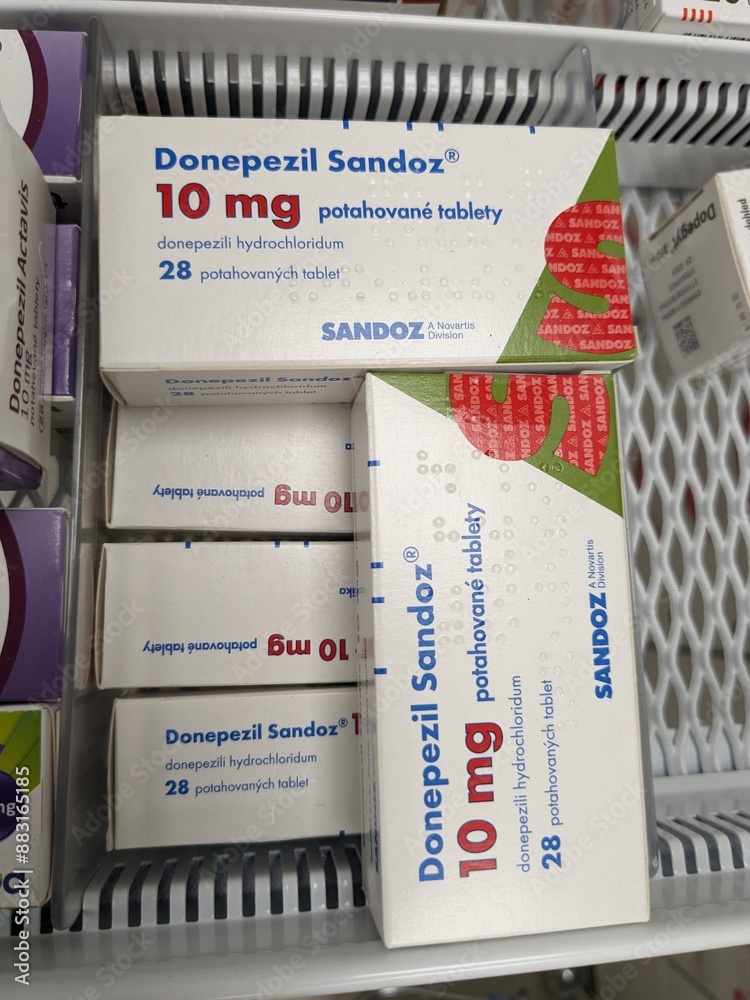 Prague, Czech Republic - July 10 2024: DONEPEZIL SANDOZ box of ...