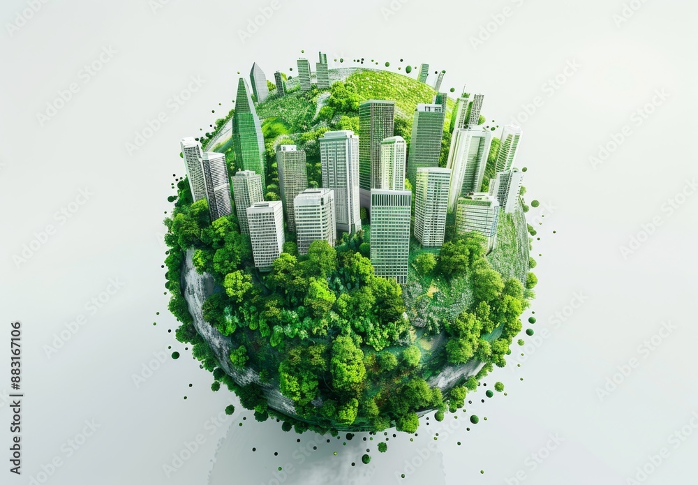 Green globe with 3D city. Planet ecosystem, concept of recycle and ...