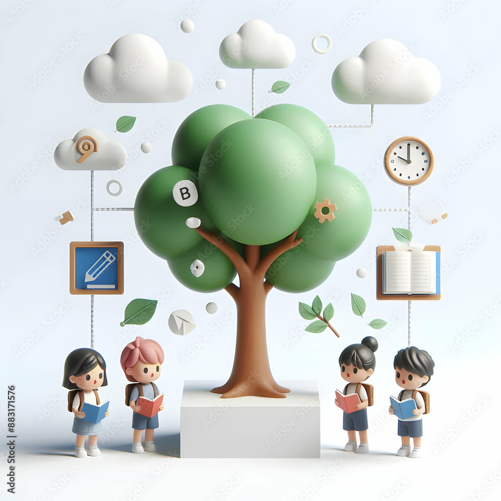 3D Flat Icon: Kids with Notebooks and Floating Knowledge Tree Back to School Concept on Clean ...