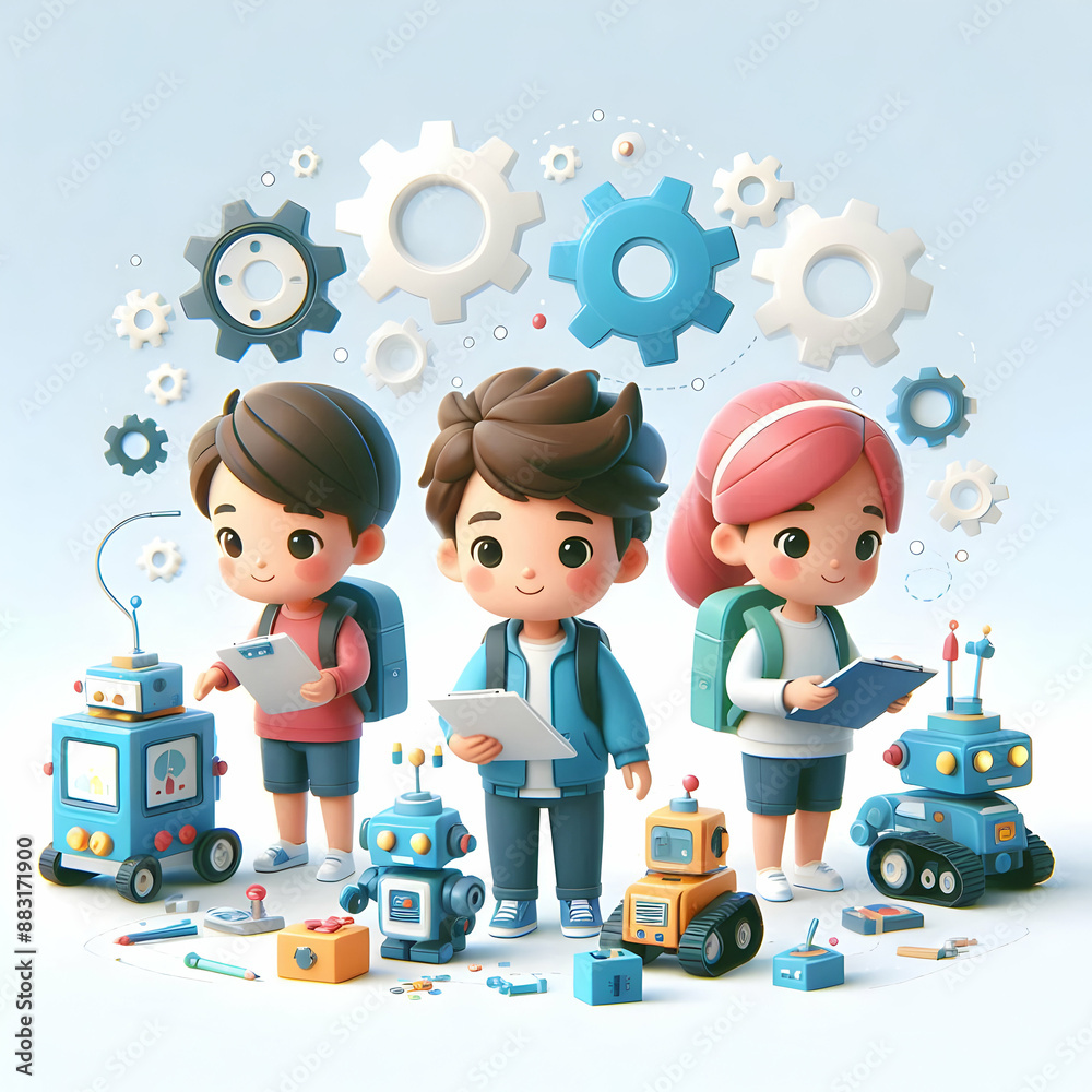 Kids Learning STEM with 3D Flat Icons: Children with Robot Kits and ...