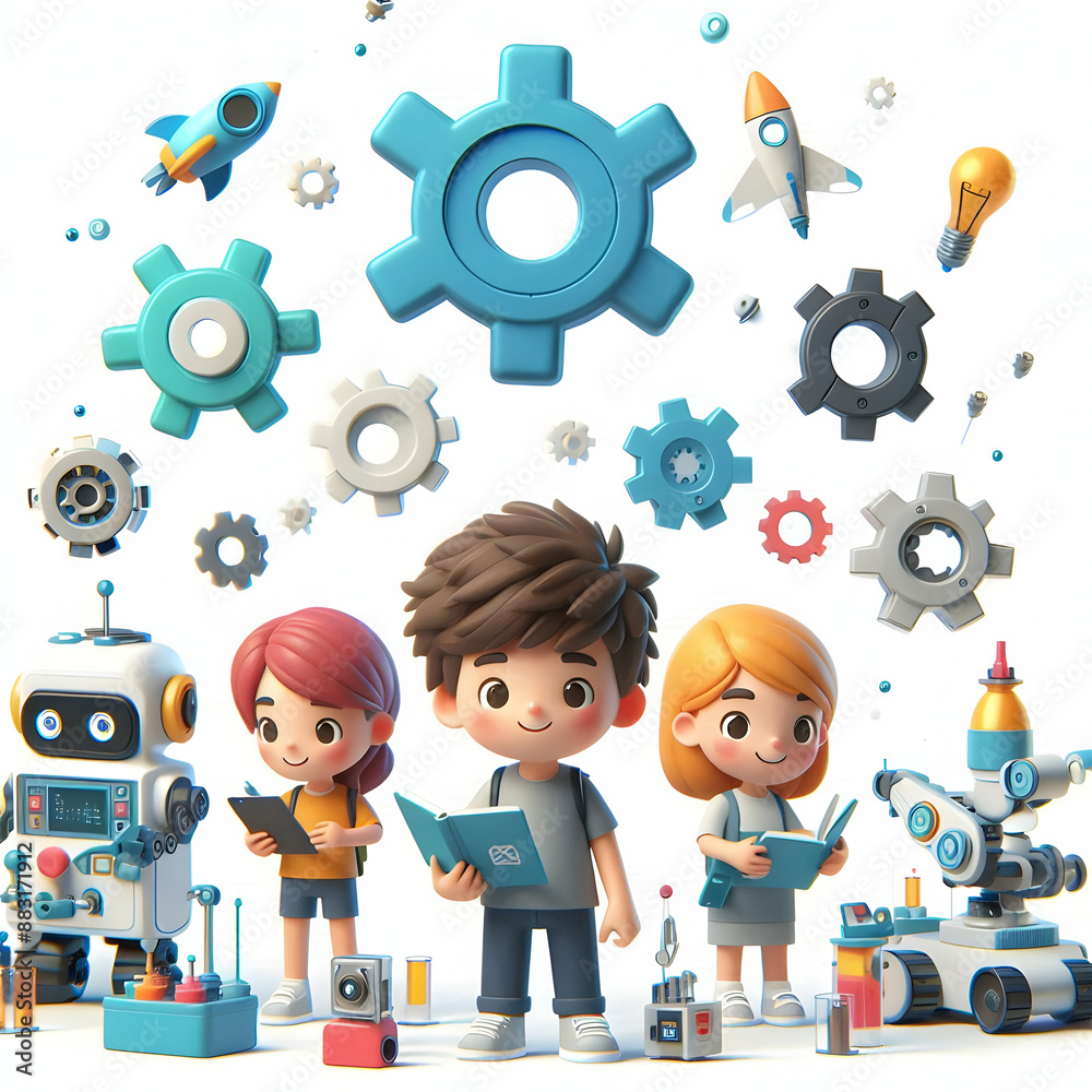 3D Flat Icon: Kids with Robot Kits and Floating Gears STEM Learning and ...