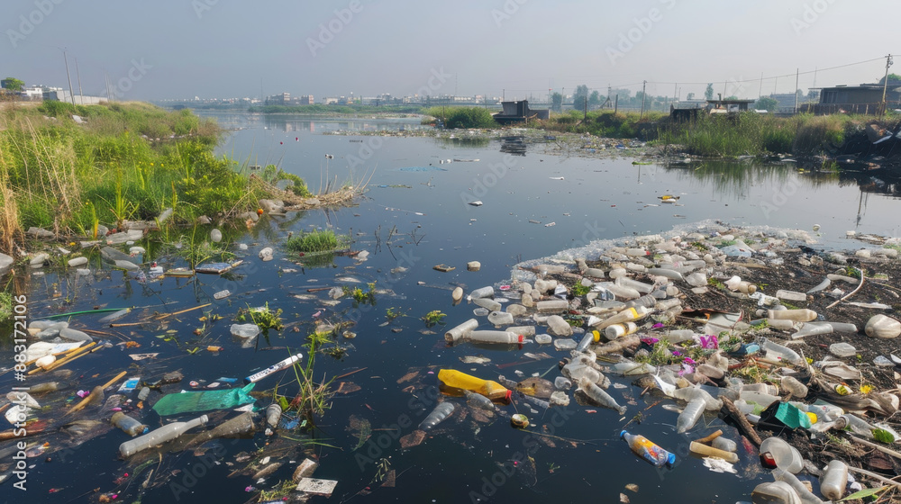 Polluted river with plastic bottles and debris, showing environmental ...