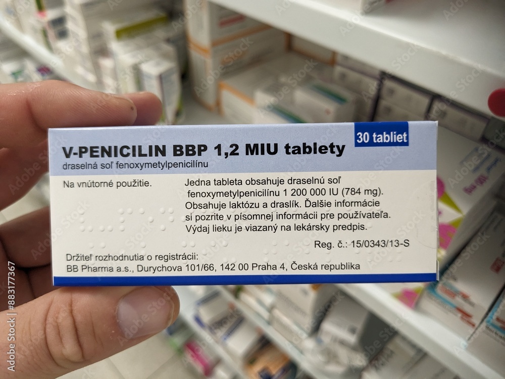 Prague,Czech republic-June 17 2024:Penicillin box of medication with ...